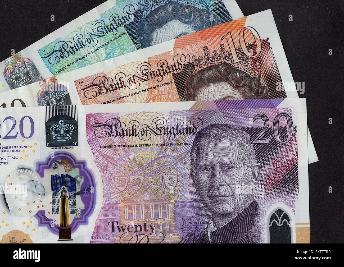 A modern King Charles III £20 banknote and other notes from the United ...
