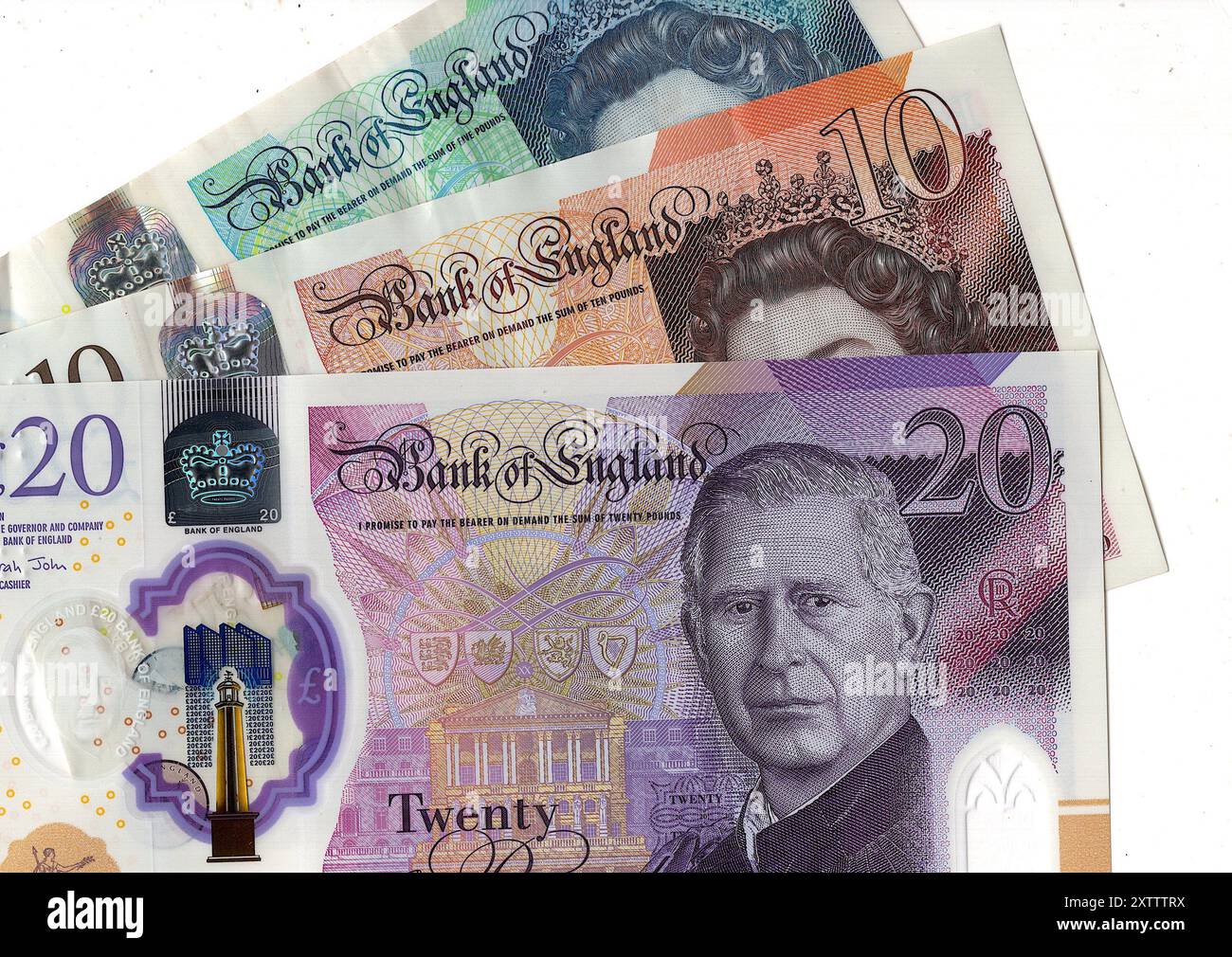 A modern King Charles III £20 banknote and other notes from the United ...