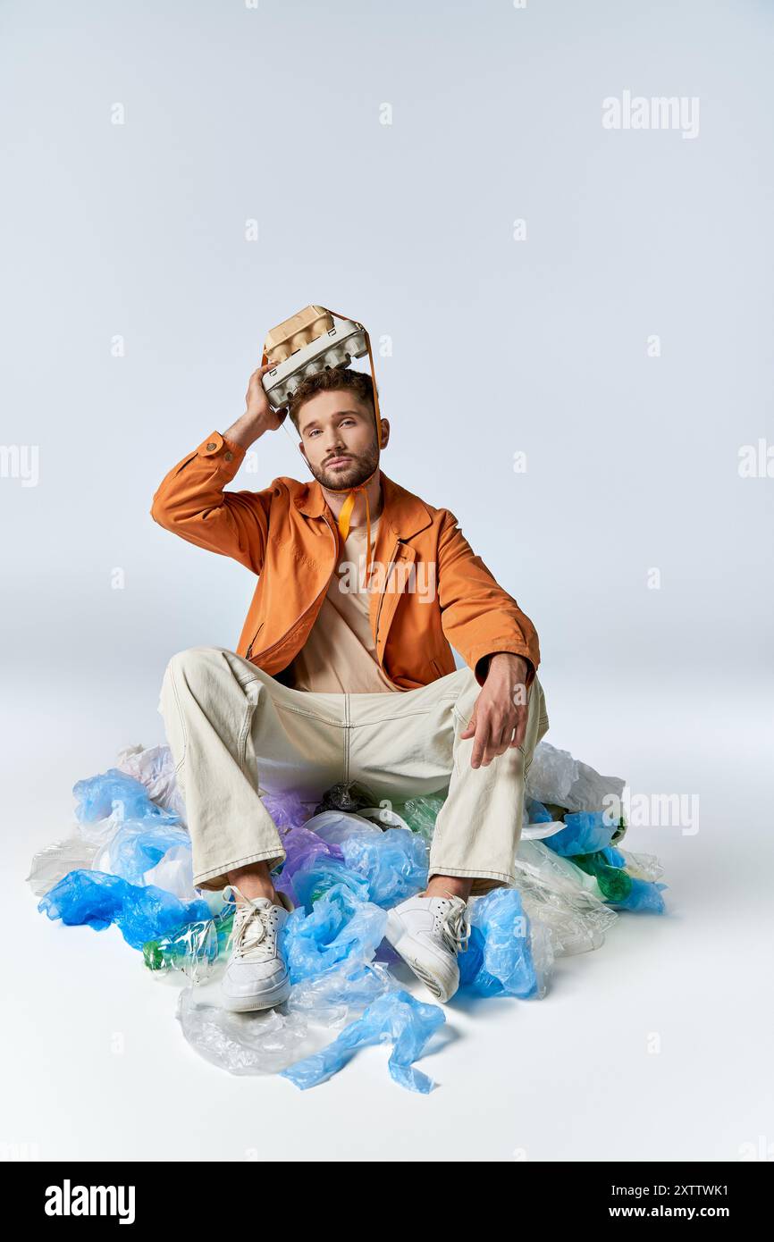 A man sits on a pile of plastic waste, wearing a casual orange jacket ...