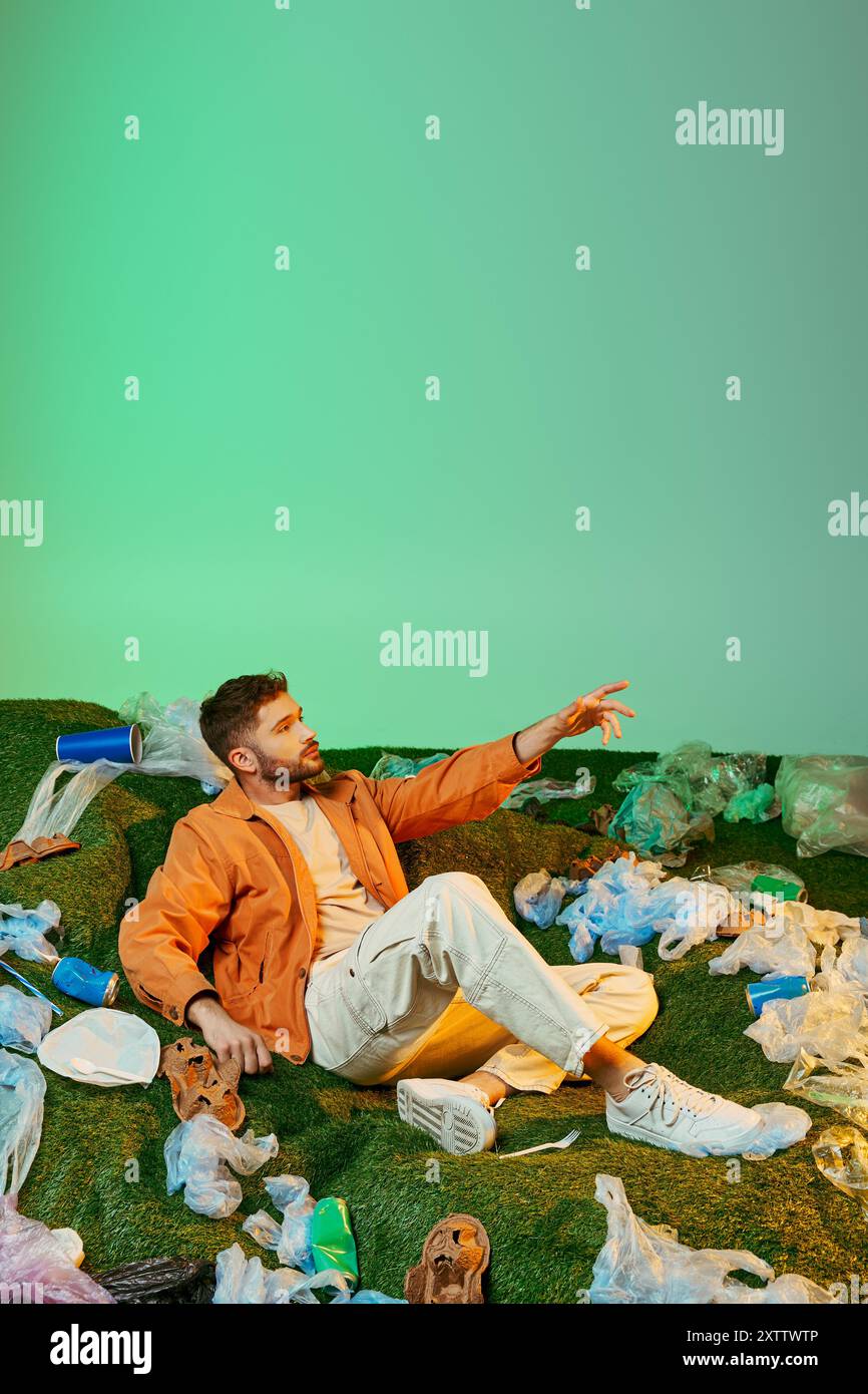 A man sits surrounded by plastic waste, reaching out with a hopeful ...