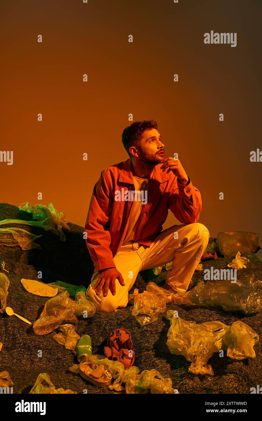 A man kneels in a pile of plastic waste, his expression contemplative ...