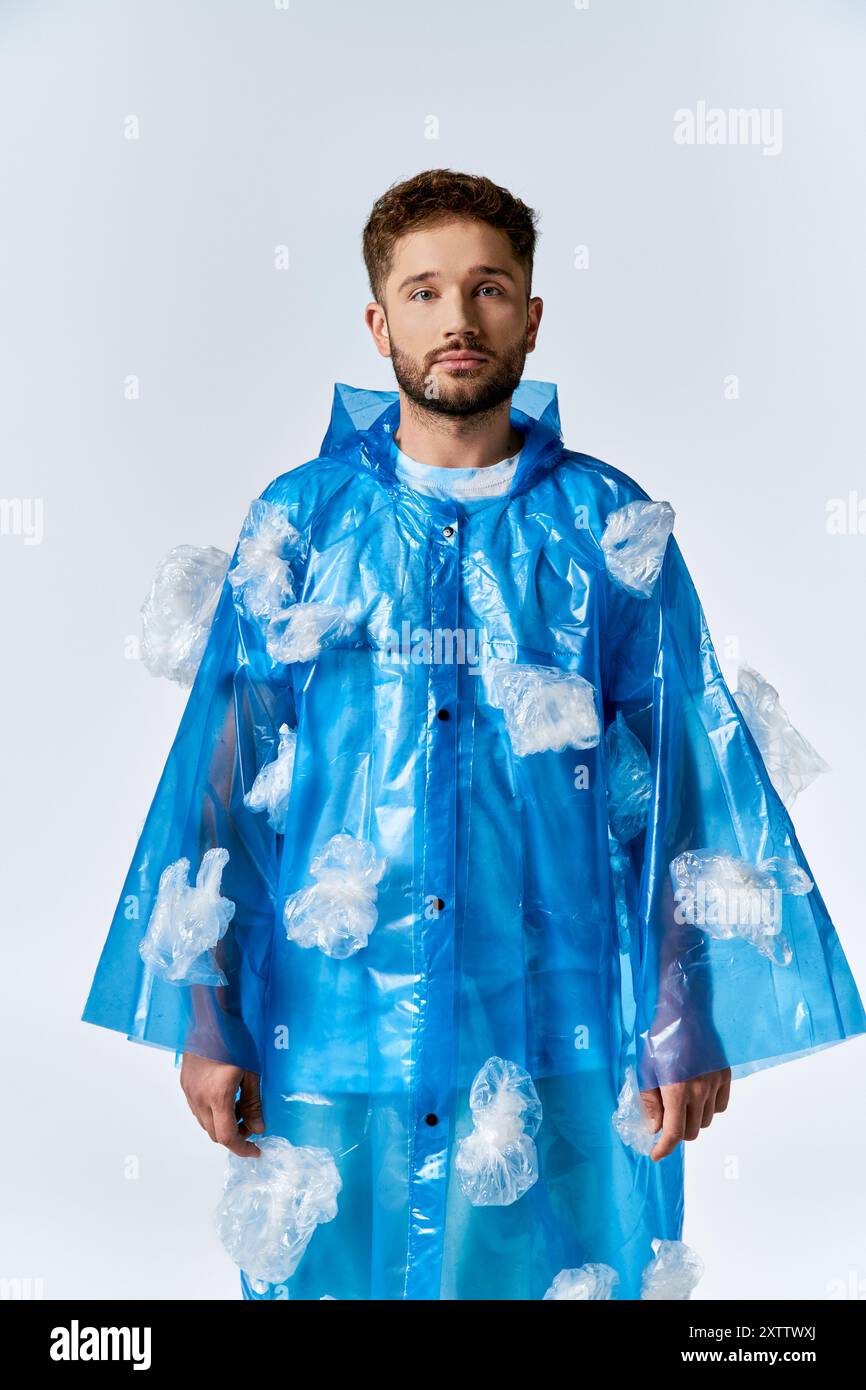 A man stands in a blue plastic raincoat decorated with plastic bags ...
