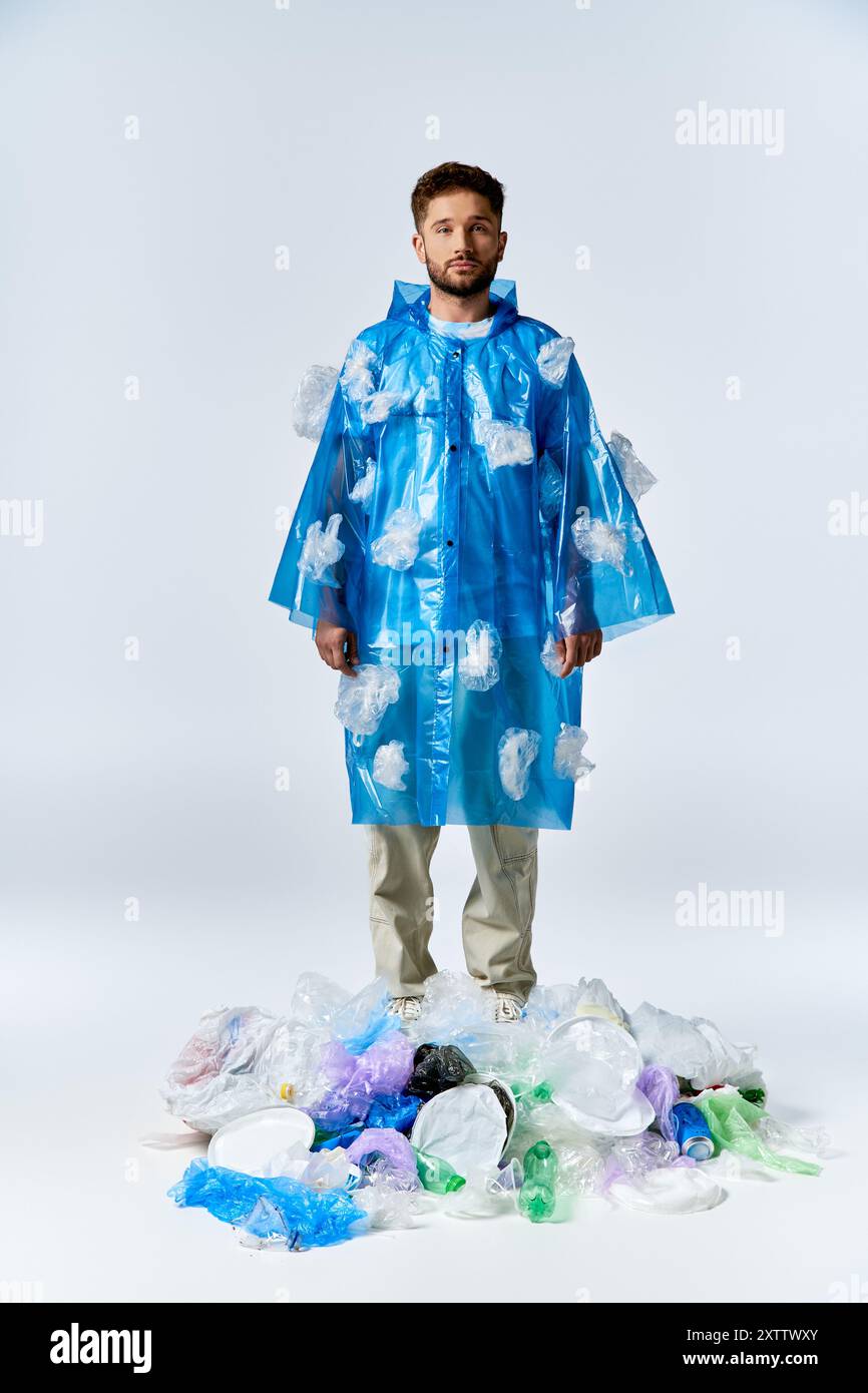 A man wearing a blue raincoat adorned with plastic bags stands on a ...