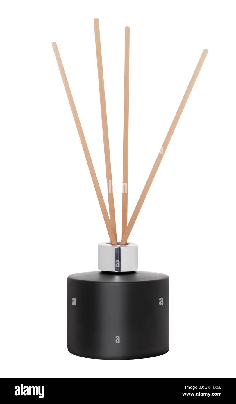 Aromatic diffuser bottle with sticks isolated on white background. With ...