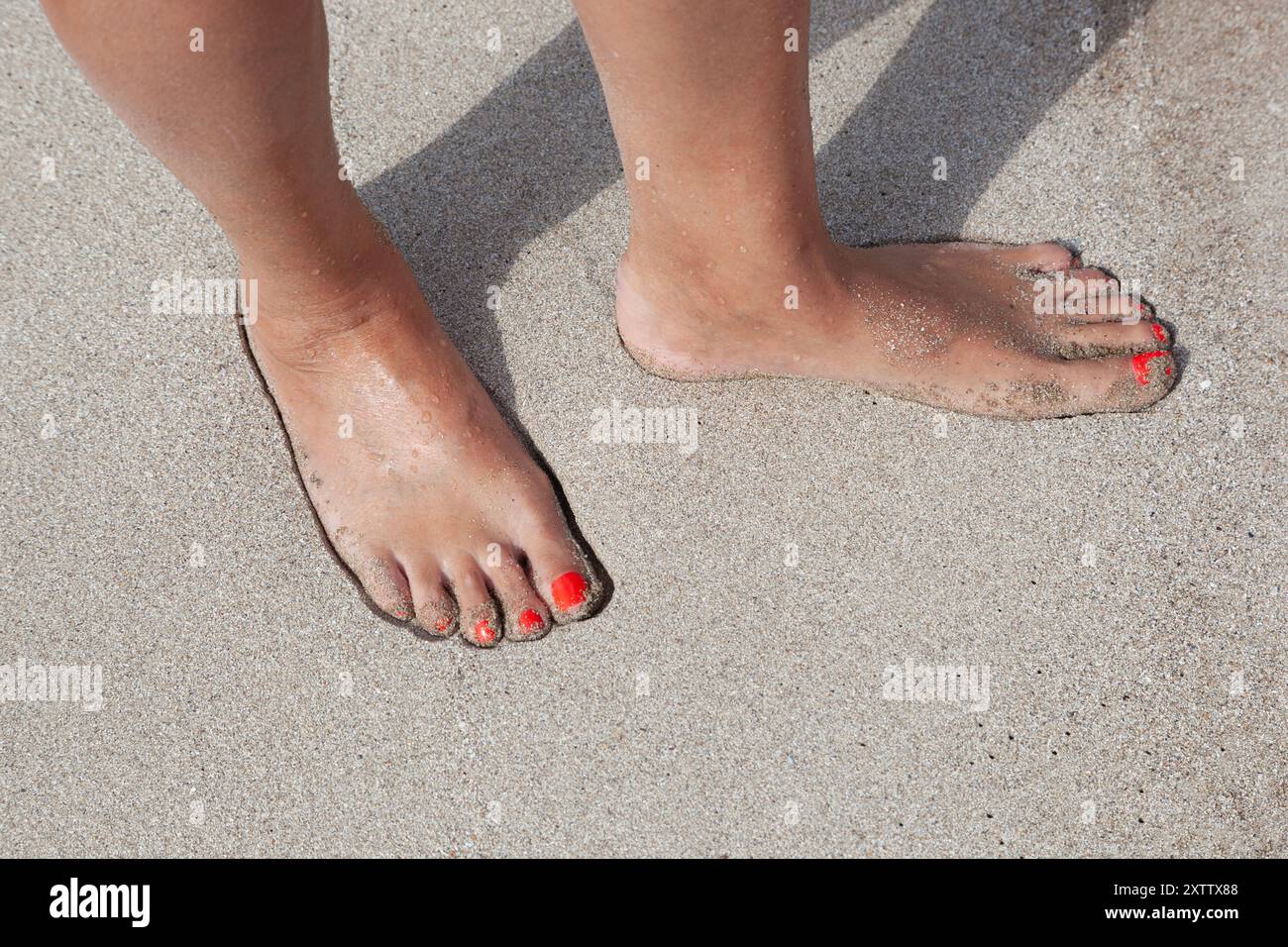 Female feet on beach sand. Woman's feet with red nails on seashore sand ...