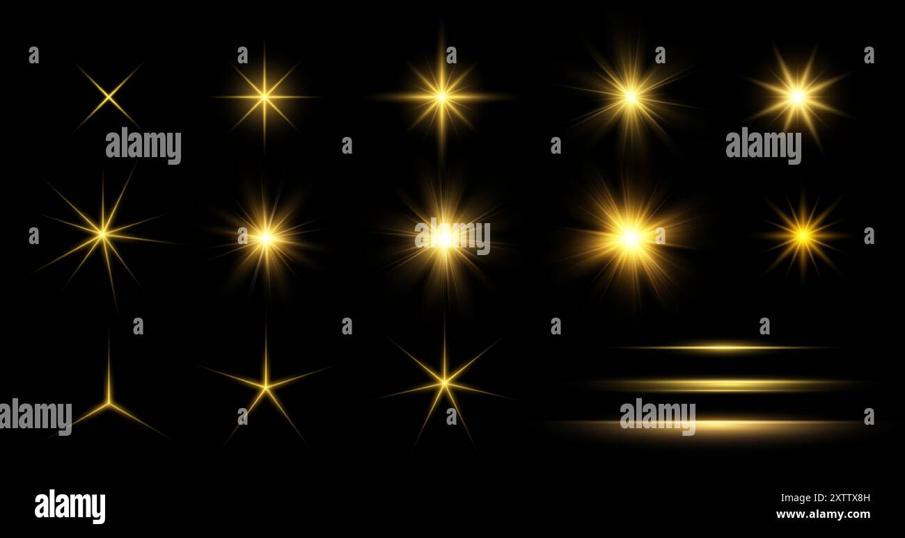 Gold Glow lighting Star. Collection of different light effects on black ...