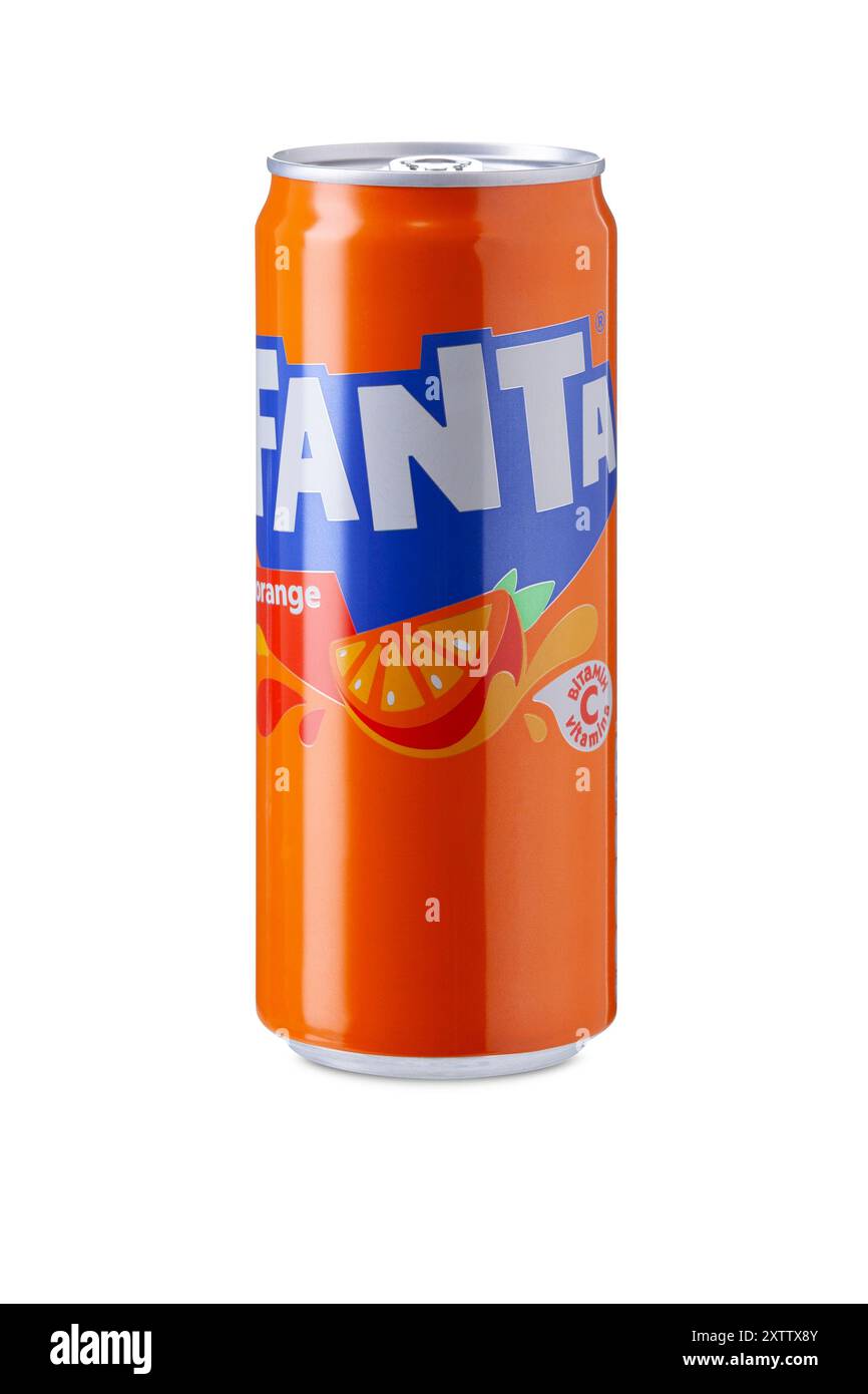 Moldova, Chisinau, August 13, 2024: Fanta can on white background ...