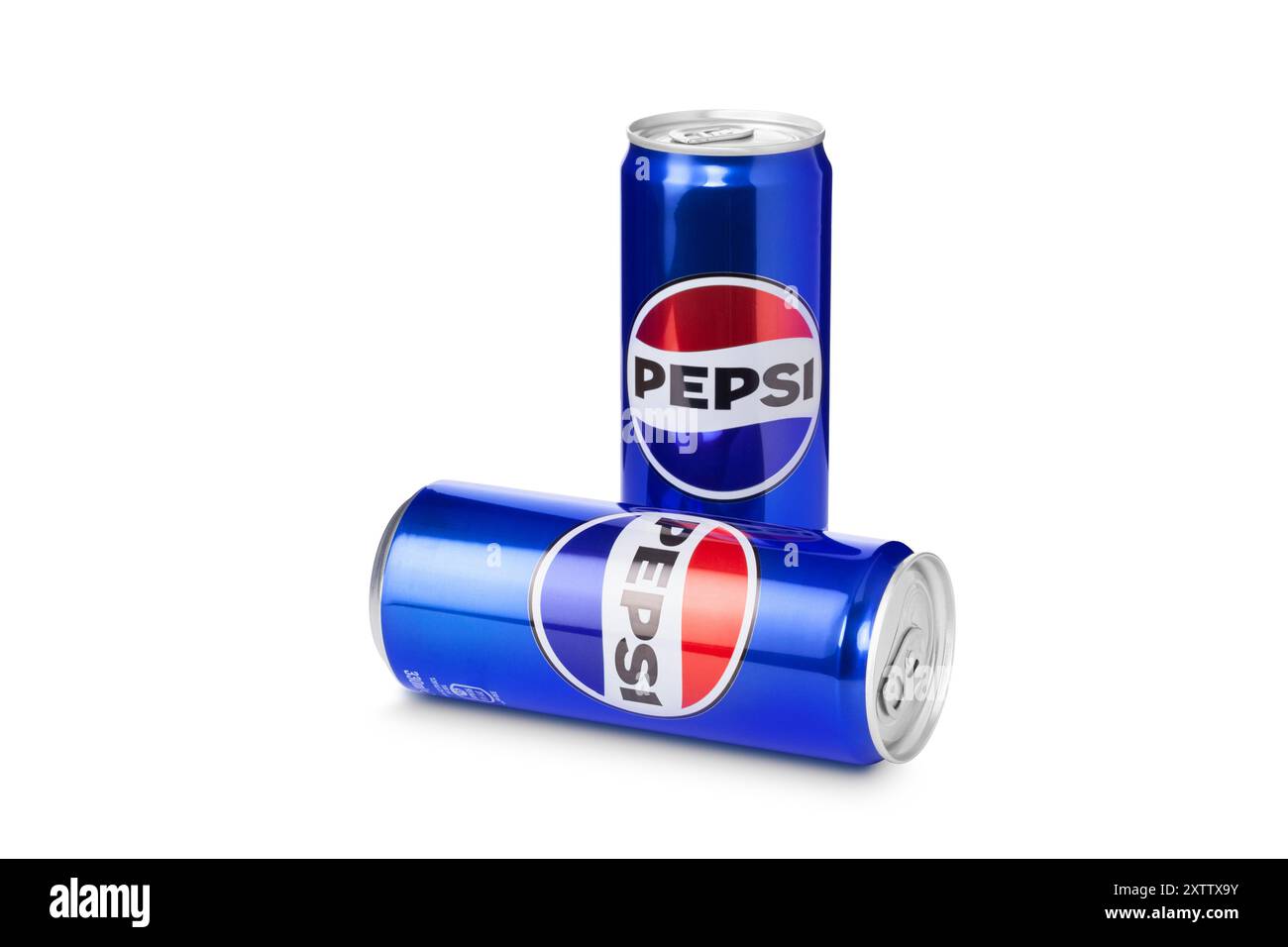 Moldova, Chisinau, 13/08/2024: PNG, tin can of Pepsi. Two Pepsi aluminum cans. isolated on a ...