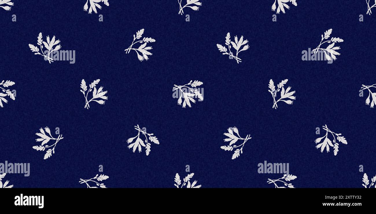 Indigo denim blue leaf motif seamless border. Japanese dye batik fabric ...