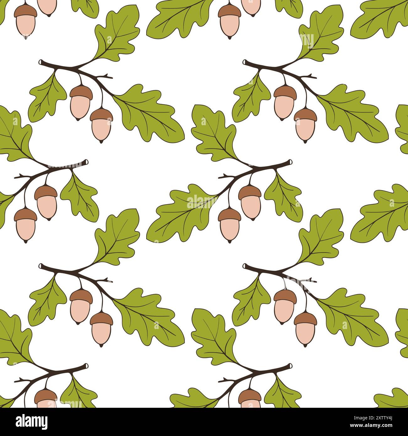Autumn pattern with oak branch with green leaves and brown-pink acorns ...
