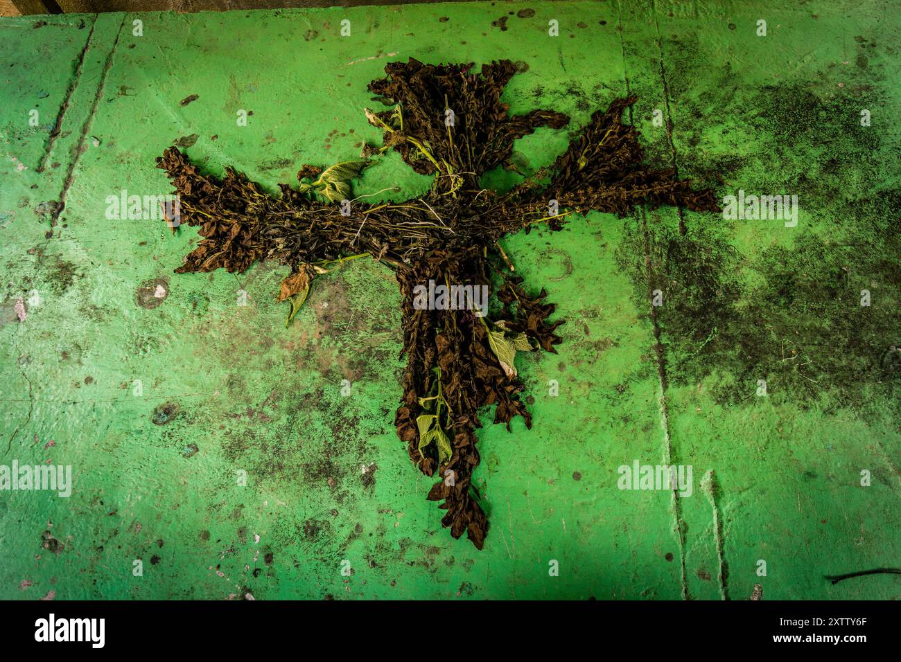 Ceremonial syncretic vegetal cross, La Taña cemetery, Reyna area ...