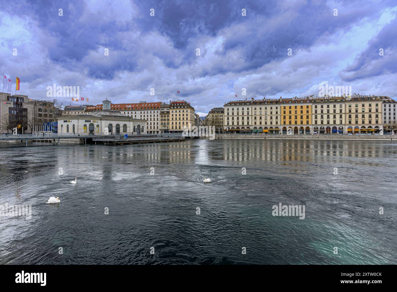 Luxury hotels line the shores of Lake Geneva in Geneva, Switzerland ...