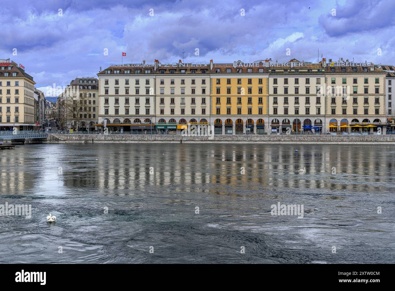 Luxury hotels line the shores of Lake Geneva in Geneva, Switzerland ...