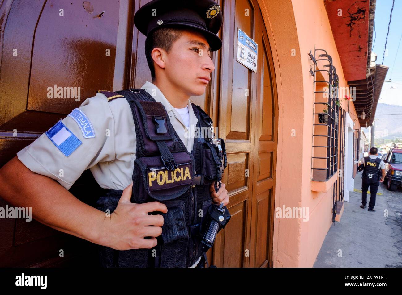 Police guarding, Antigua Guatemala, Sacatepéquez Department, Guatemala ...
