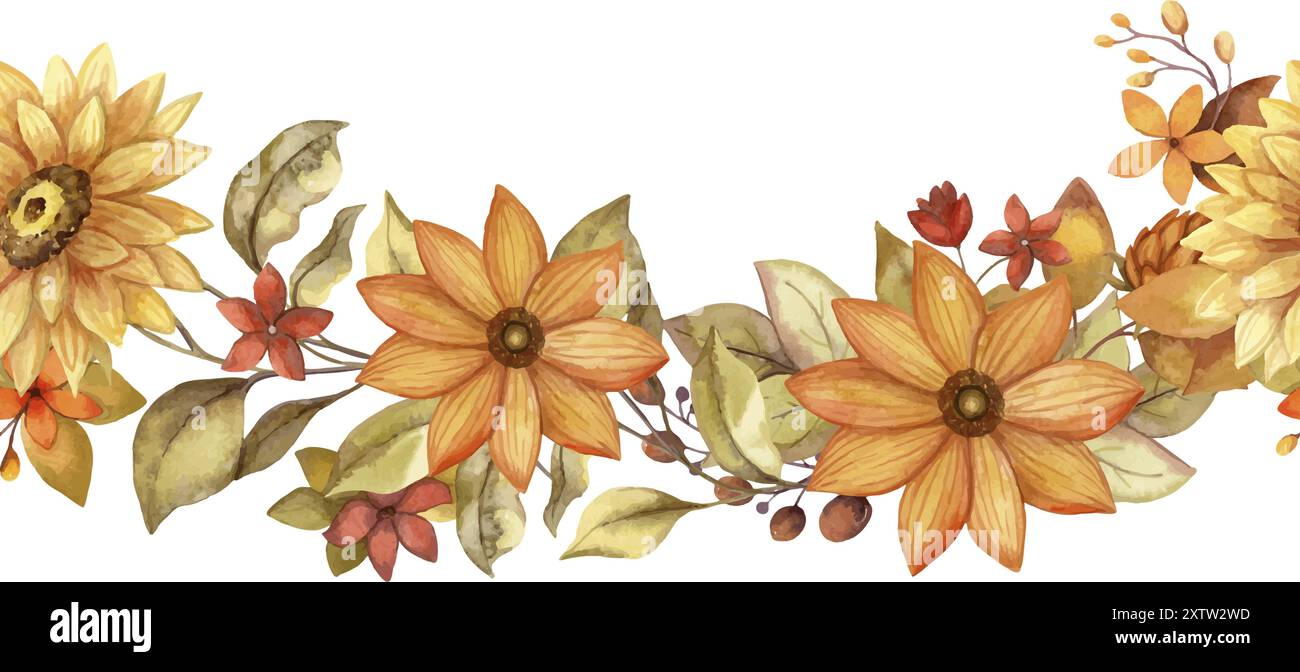 Seamless border with autumn watercolor flower and leaf. Hand drawn ...