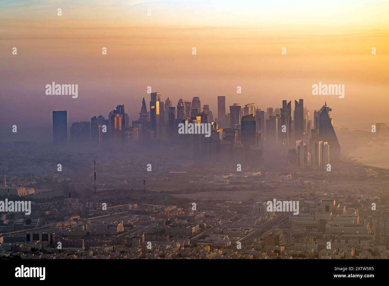 Aerial Panoramic skyline of Doha, Qatar during sunrise Stock Photo - Alamy