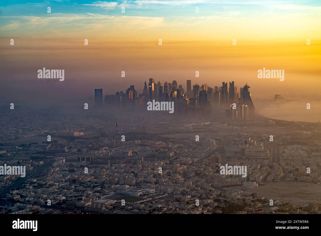 Aerial Panoramic skyline of Doha, Qatar during sunrise Stock Photo - Alamy