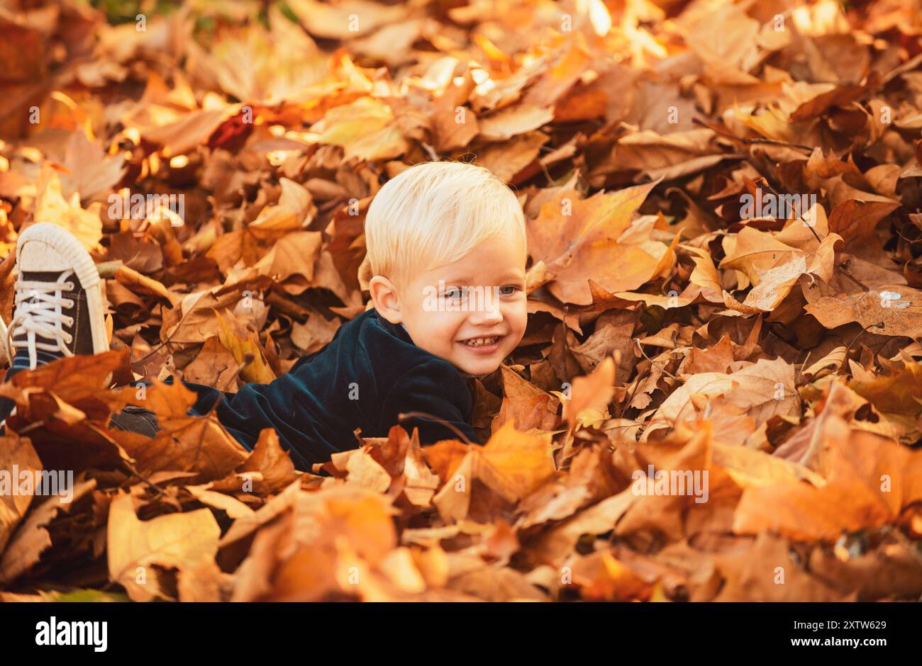 Fall leaves children concept. Child lying on the golden leaf. Boy child ...