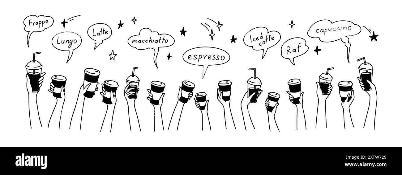 Doodle hands up with coffee. Crowd of people, men and children holding ...