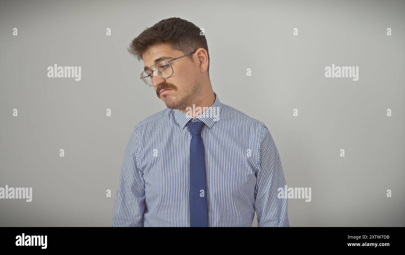 A young hispanic man with a moustache, dressed in a striped shirt and ...