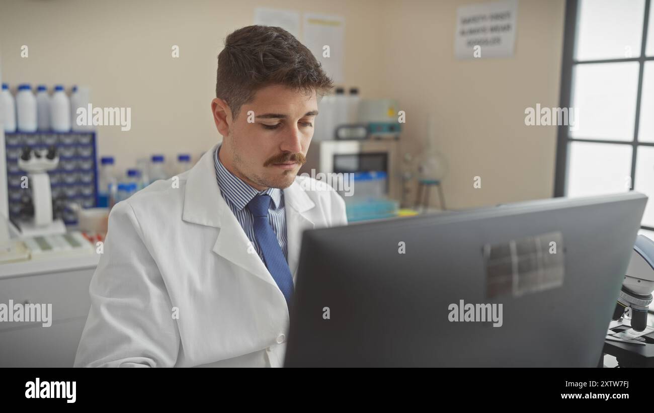 Handsome young man in lab coat intently examines data on computer ...