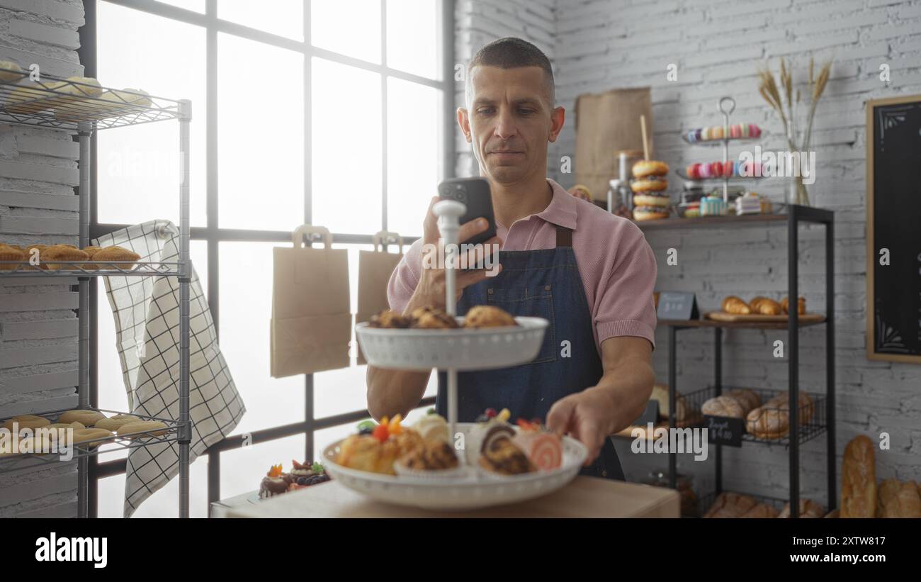 Young man standing in a bakery, wearing an apron, and using a ...