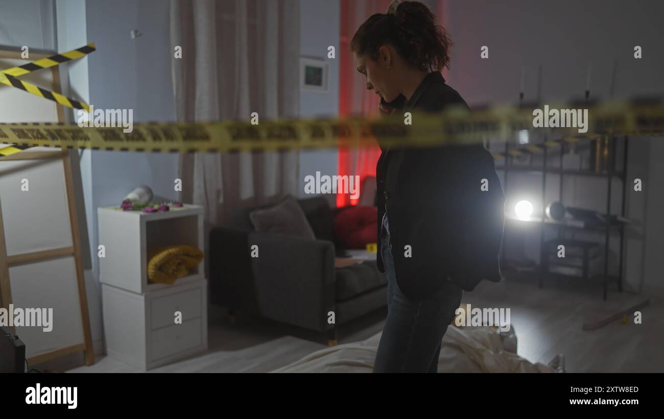 A somber woman examines a crime scene within a dimly lit room, with ...
