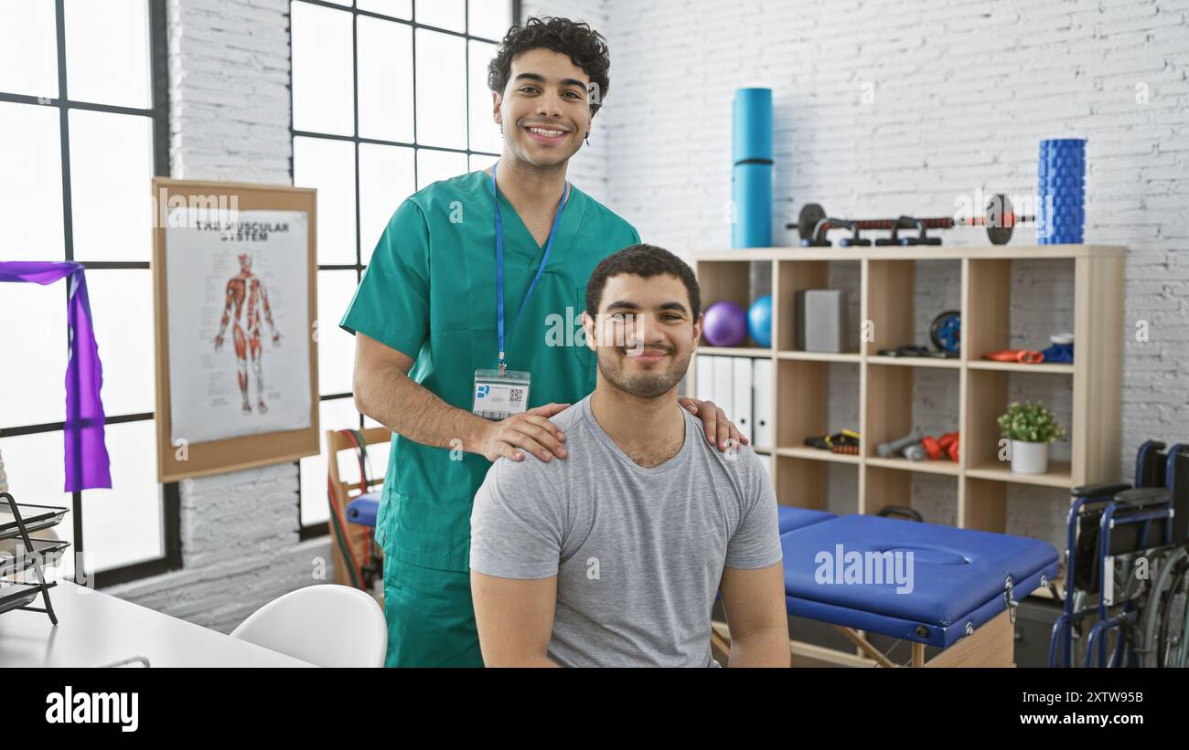 A smiling male physiotherapist with a badge in a clinic, standing ...