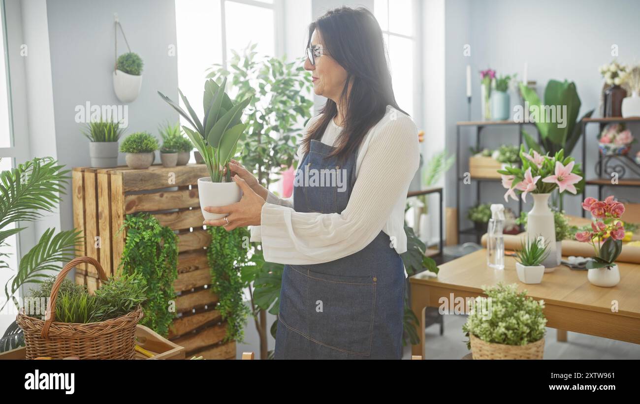 A mature woman enjoys plant shopping in a lush indoor flower shop, surrounded by greenery Stock ...
