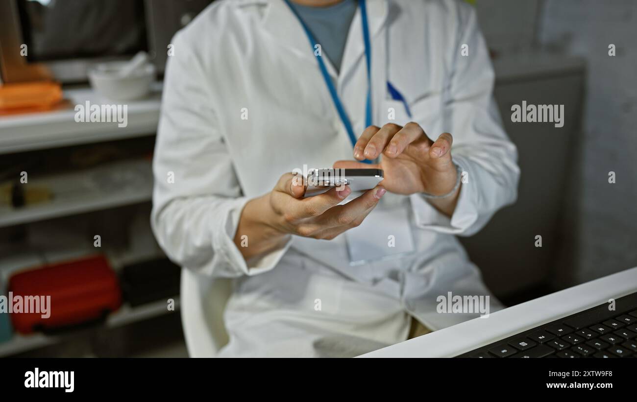 Hispanic man in white lab coat uses smartphone in a modern hospital ...