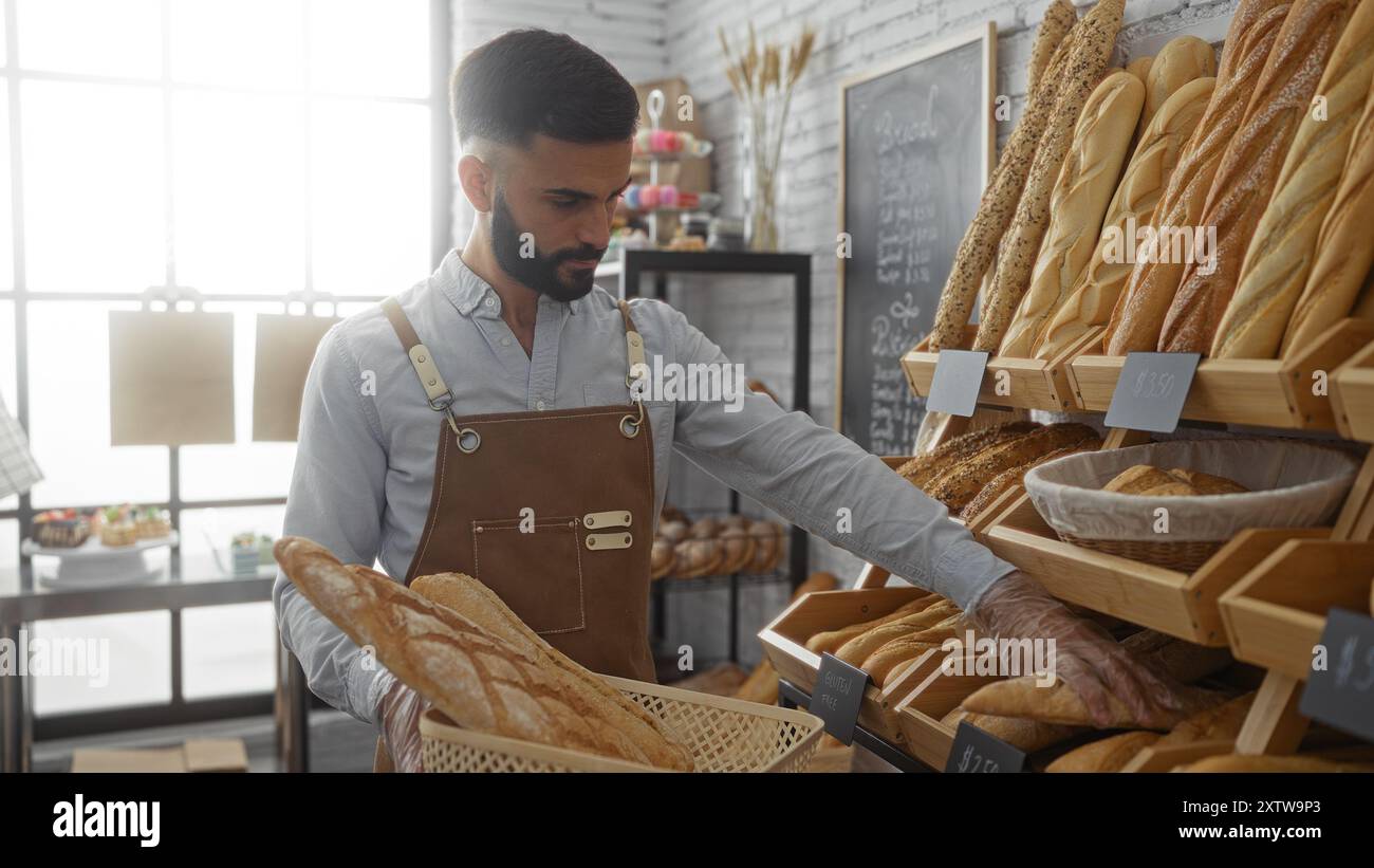Hispanic man working in a bakery arranging fresh bread on shelves ...