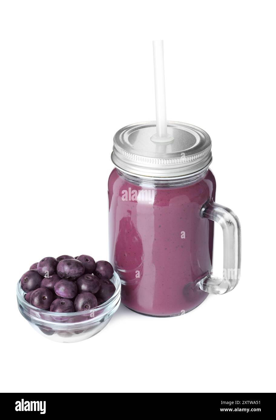 Tasty acai juice in mason jar and berries isolated on white Stock Photo ...