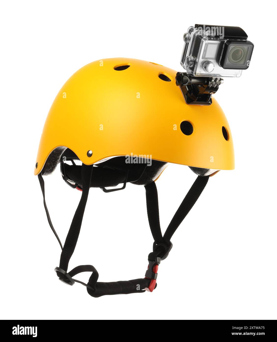 Modern action camera on helmet against white background Stock Photo - Alamy