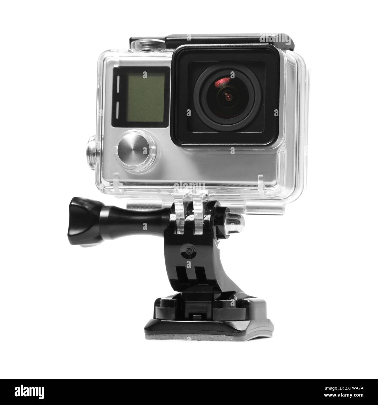 Modern action camera and mount isolated on white Stock Photo - Alamy