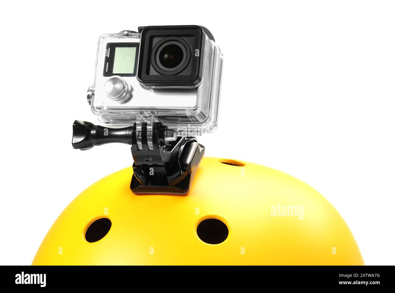 Modern action camera on helmet against white background Stock Photo - Alamy