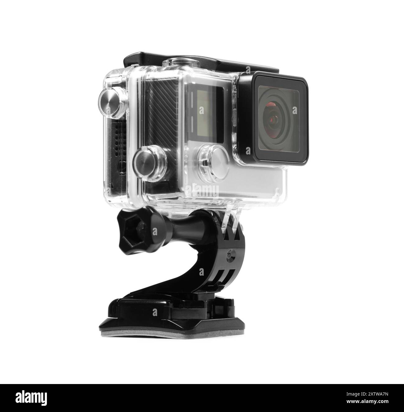 Modern action camera and mount isolated on white Stock Photo - Alamy