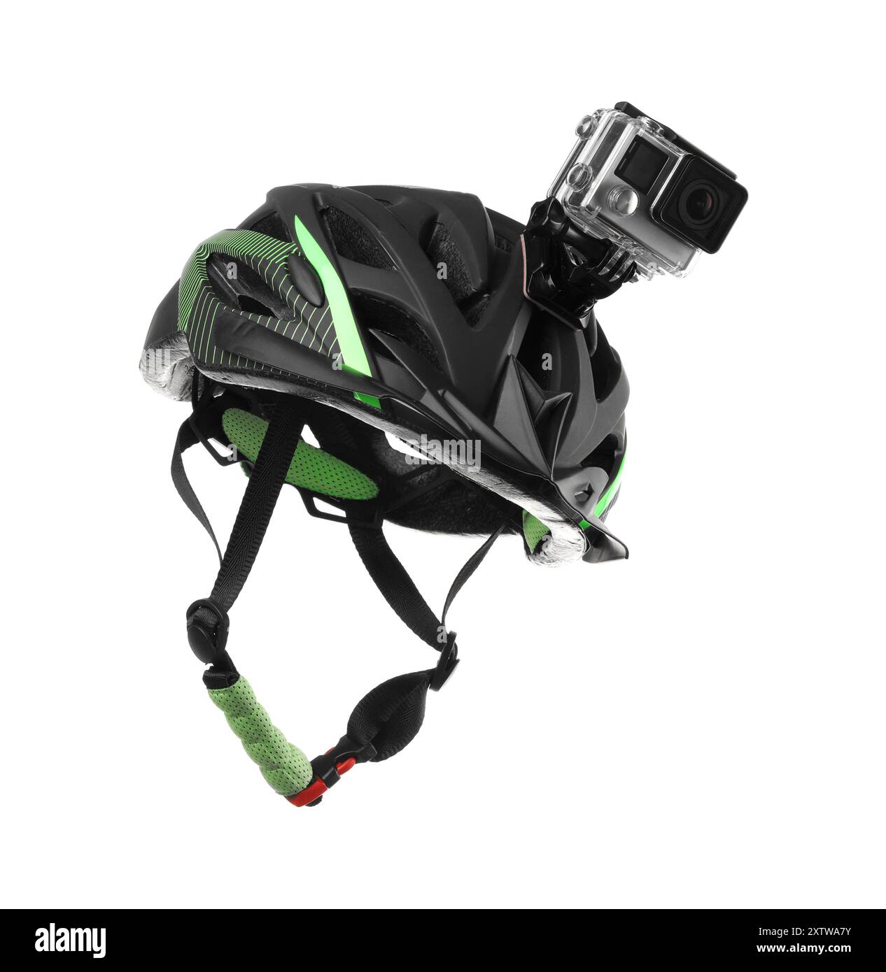 Modern action camera on helmet against white background Stock Photo - Alamy