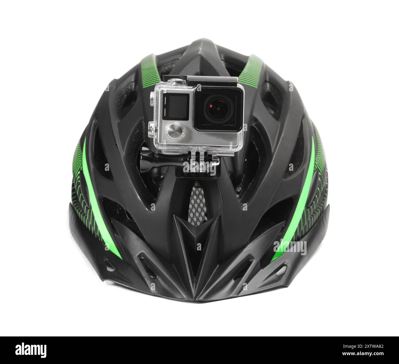 Modern action camera on helmet against white background Stock Photo - Alamy