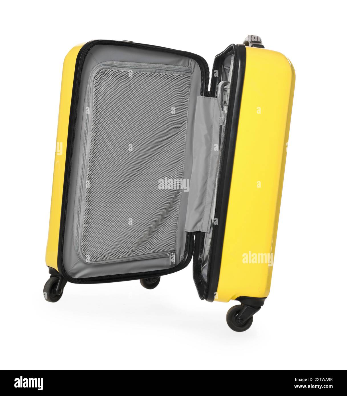 Open empty suitcase for travelling in air isolated on white Stock Photo ...