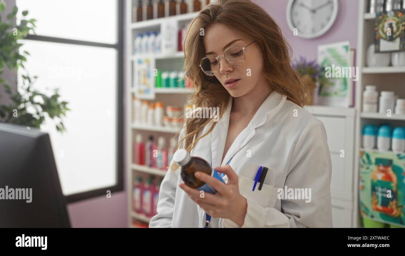Woman pharmacist examines medicine in hi-res stock photography and ...