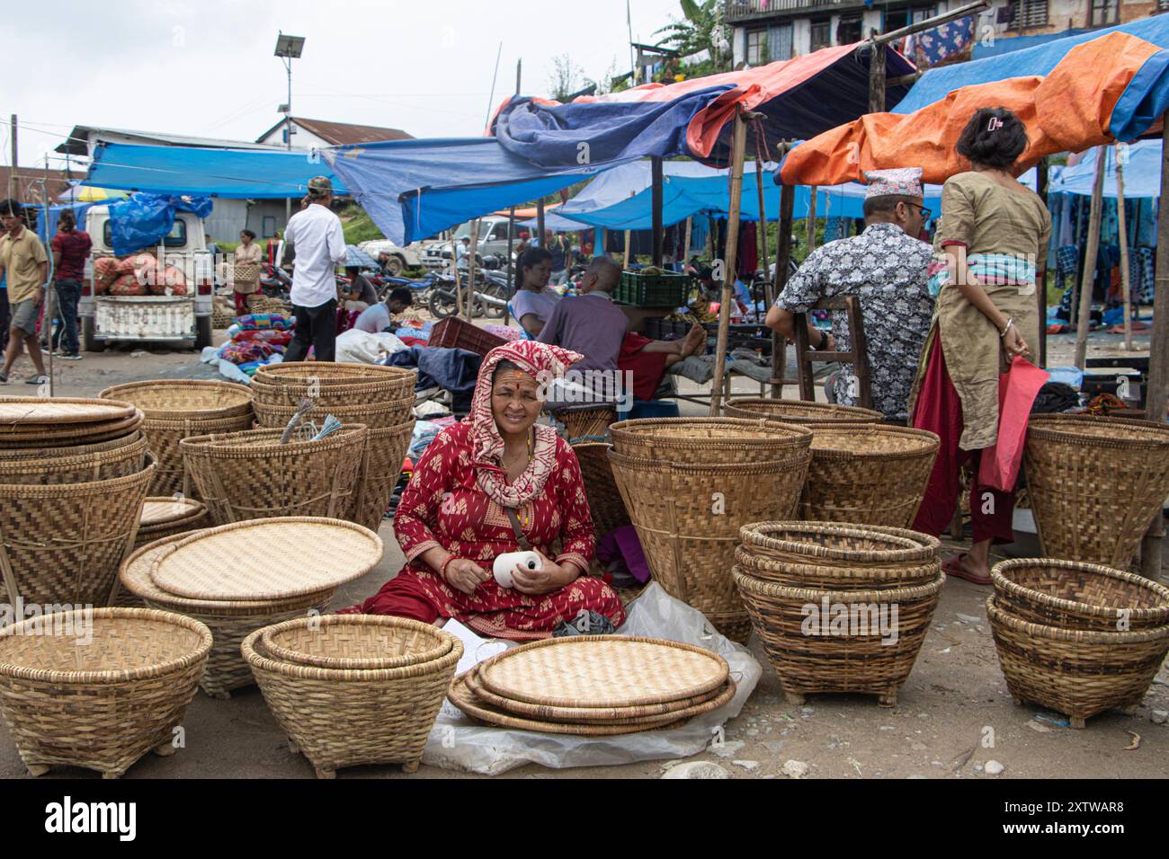 Household items made of wicker at Haat Bazaar in Khandbari ...