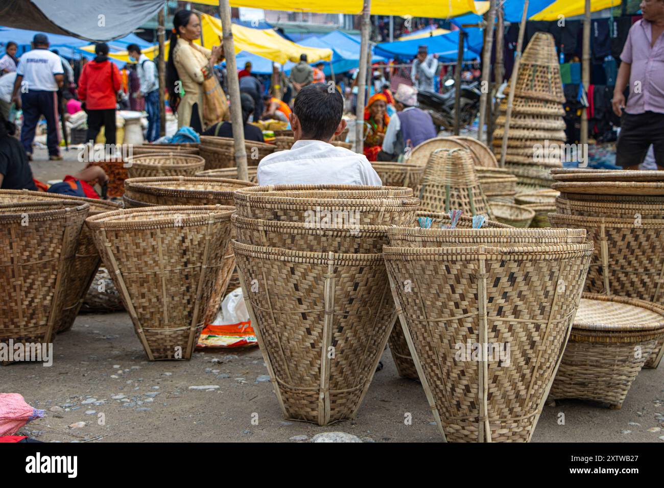 Household items made of wicker at Haat Bazaar in Khandbari ...