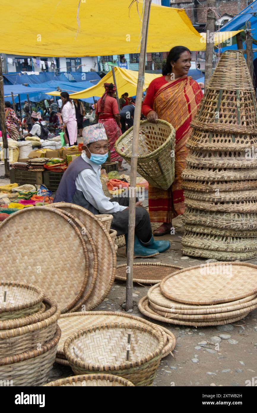 Household items made of wicker at Haat Bazaar in Khandbari ...