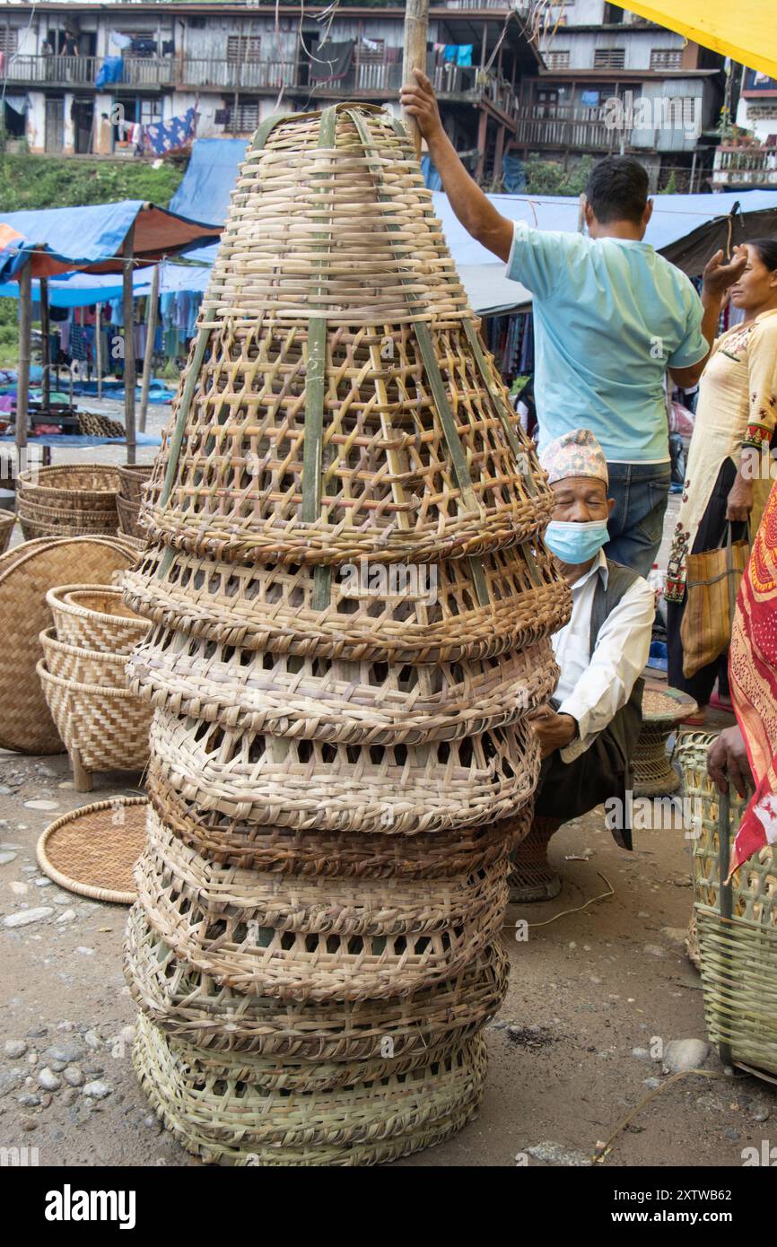 Household items made of wicker at Haat Bazaar in Khandbari ...