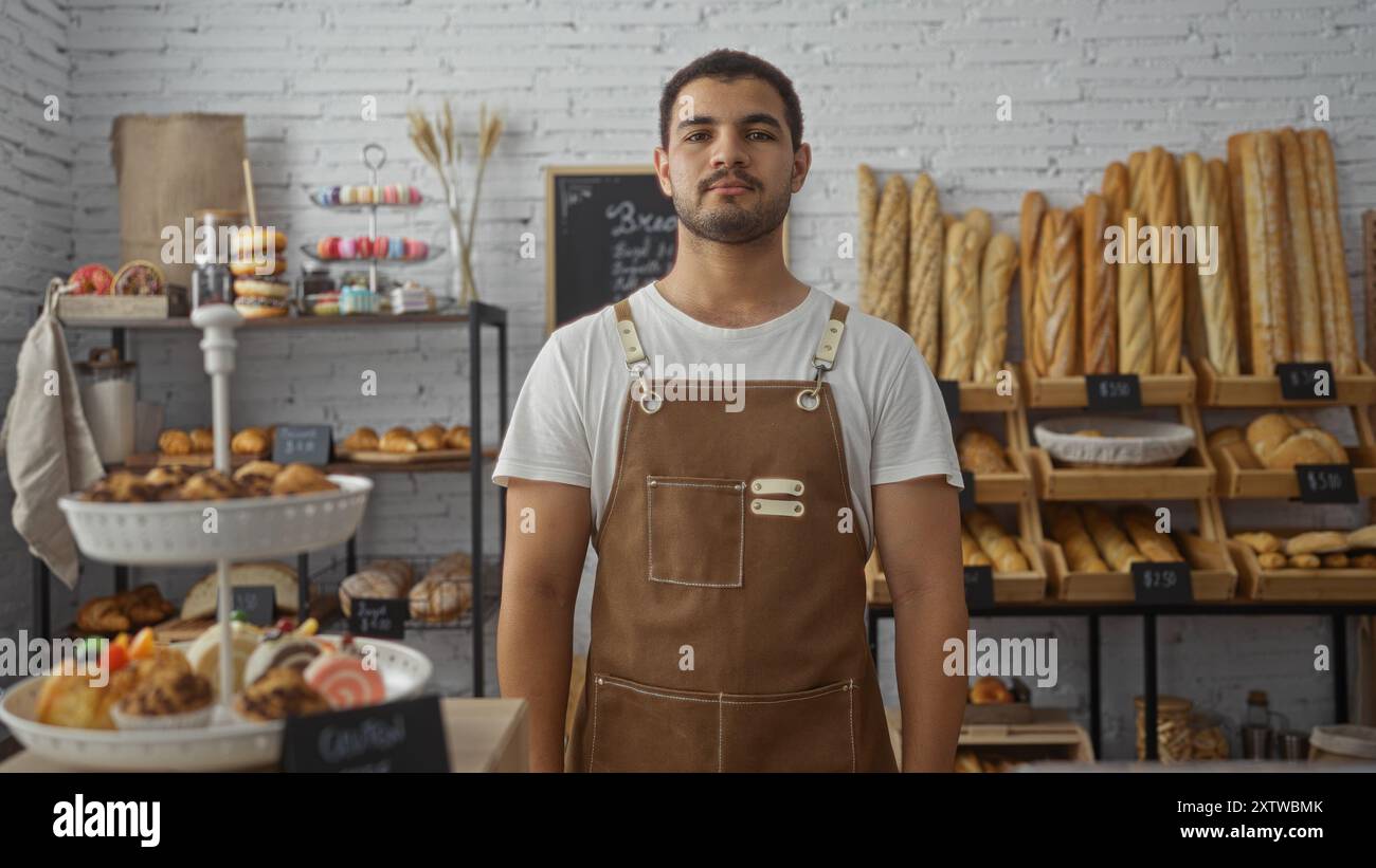 Young man standing proudly in a bakery with bread and pastries ...