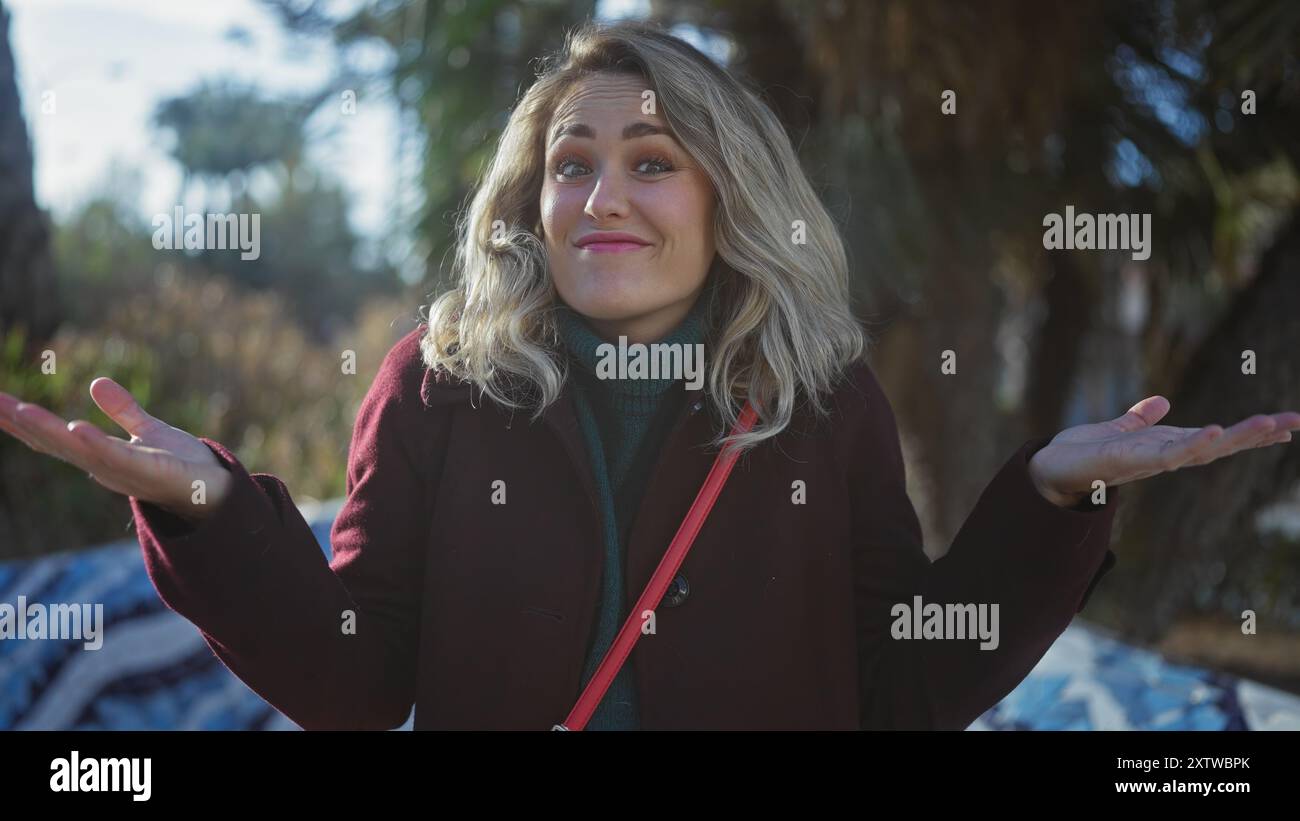 Confused young woman outdoors with a questioning expression in a casual ...