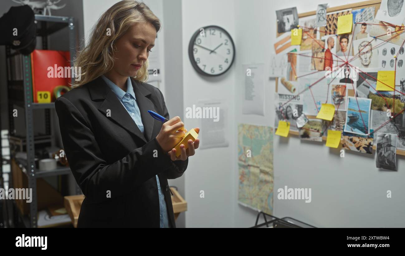 A focused woman detective analyzes evidence in an office with a crime ...