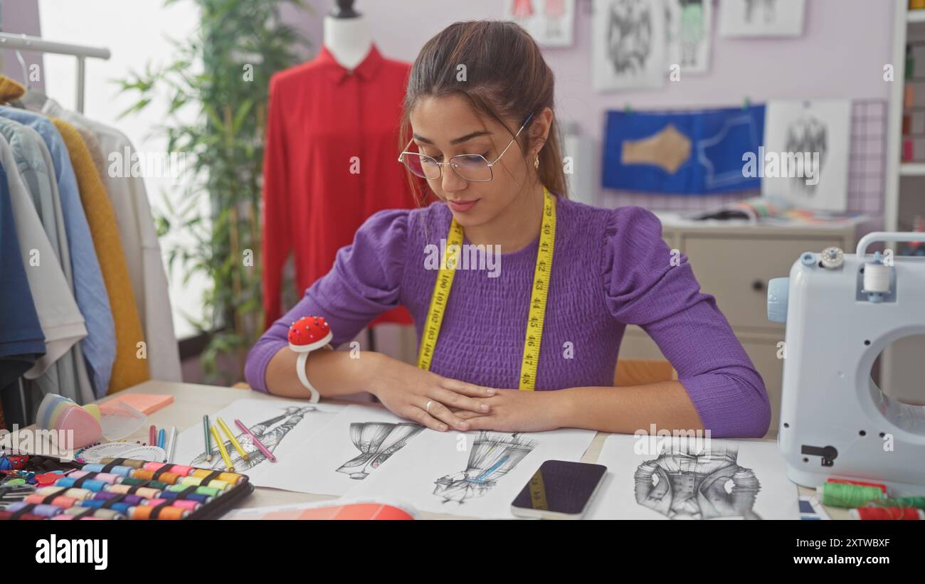 A focused hispanic woman tailor designs clothing in a vibrant atelier ...