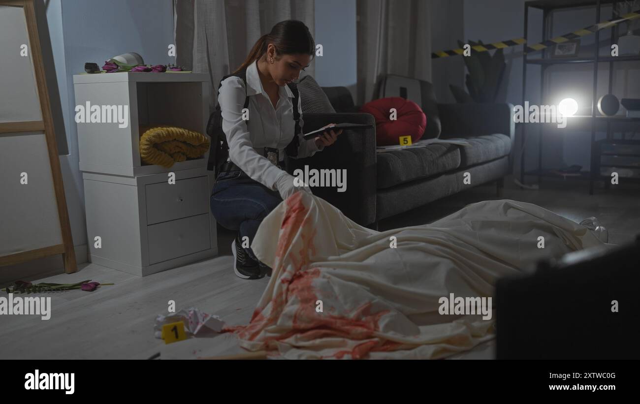 A woman investigates a bloody crime scene indoors, analyzing evidence ...