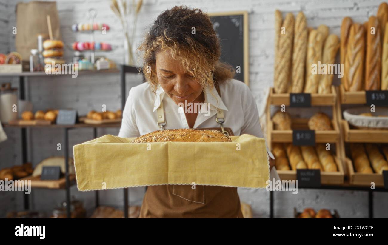 Woman smelling freshly baked bread in a cozy bakery shop surrounded by ...